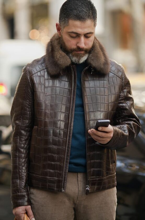 Brown Genuine Crocodile Skin Sable Fur Collar Jacket - Leather Guys