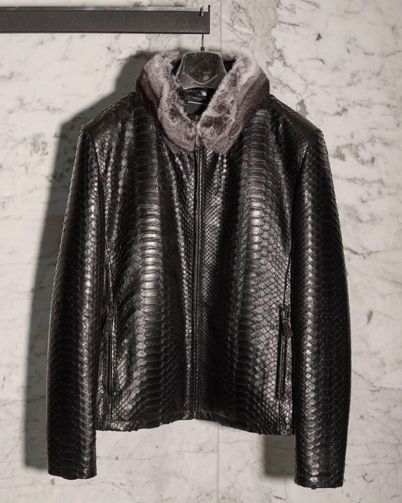 Python Skin Chinchilla Fur Collar Jacket - Leather Guys