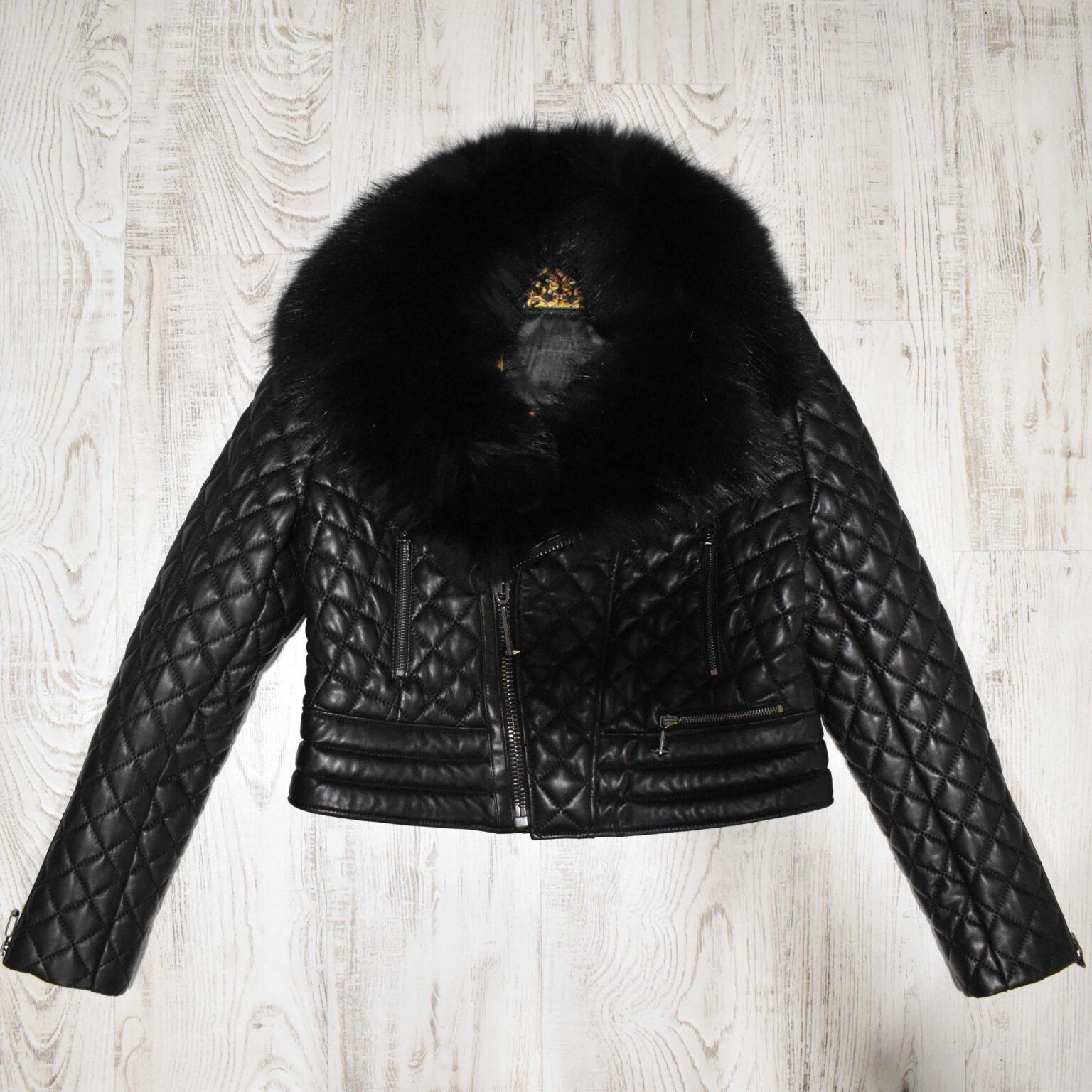 Philipp Plein Women's Fox Fur Collar Leather Biker Jacket - Leather Guys