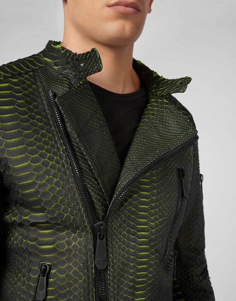 Philipp Plein Matte Black Green Snake Skin Biker Jacket - Leather Guys