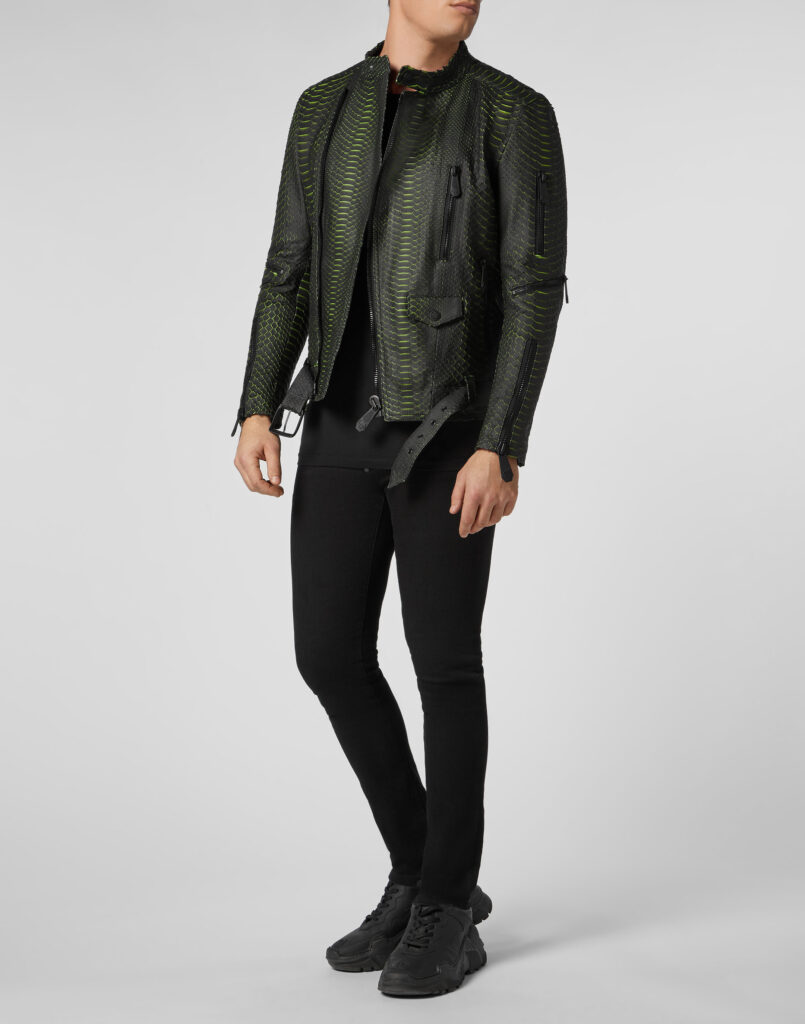 Philipp Plein Matte Black Green Snake Skin Biker Jacket - Leather Guys