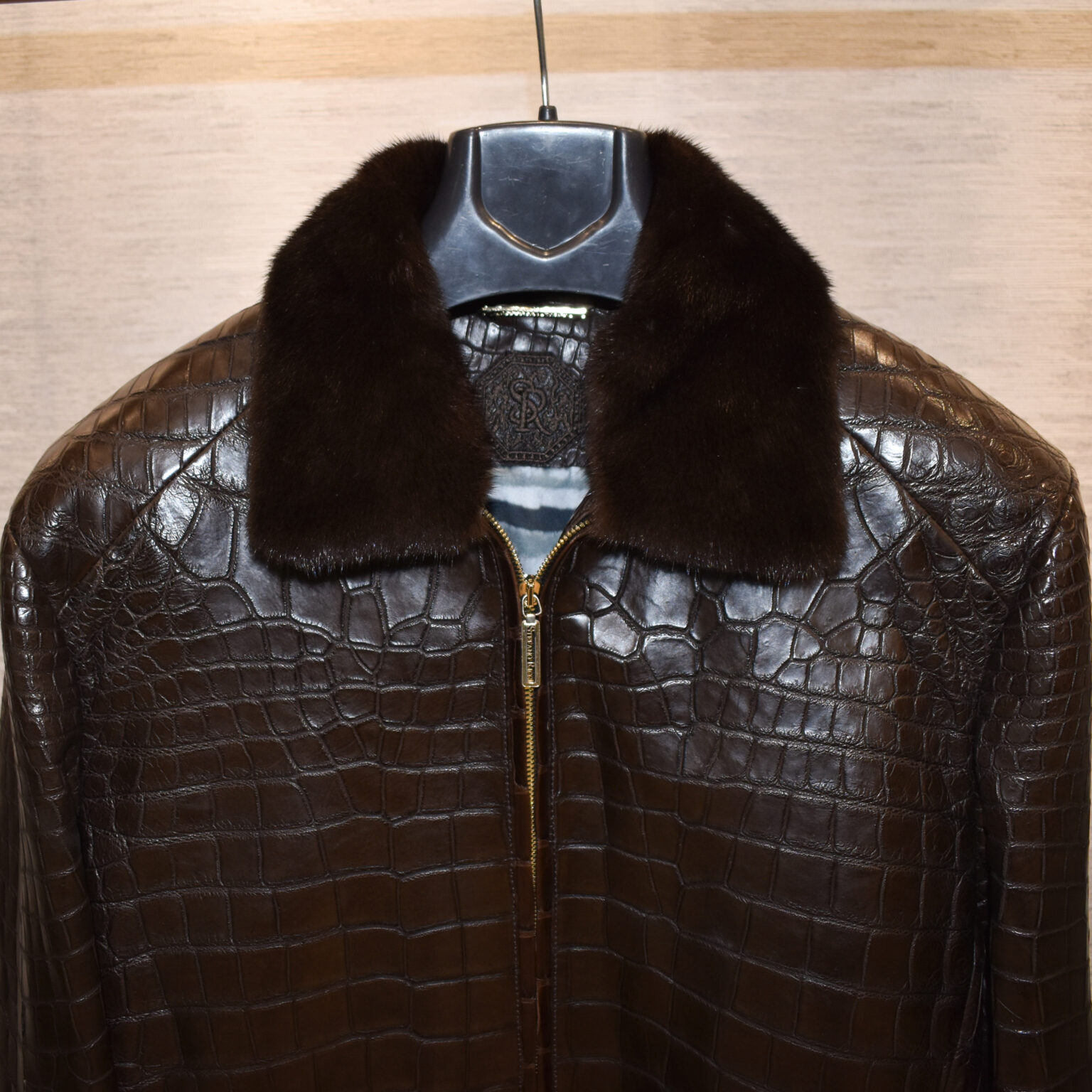 SR Brown Crocodile Leather Jacket With Mink Fur - Leather Guys