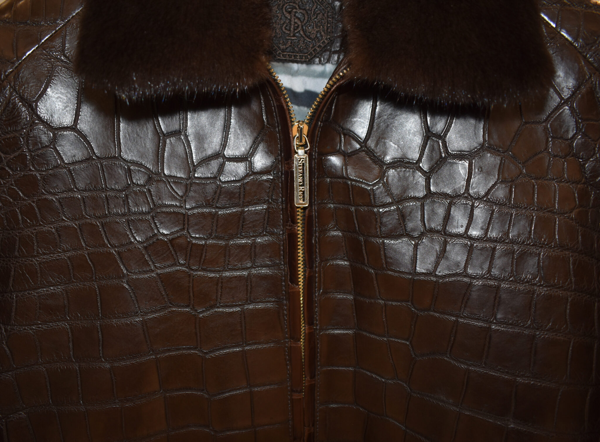 SR Brown Crocodile Leather Jacket With Mink Fur - Leather Guys