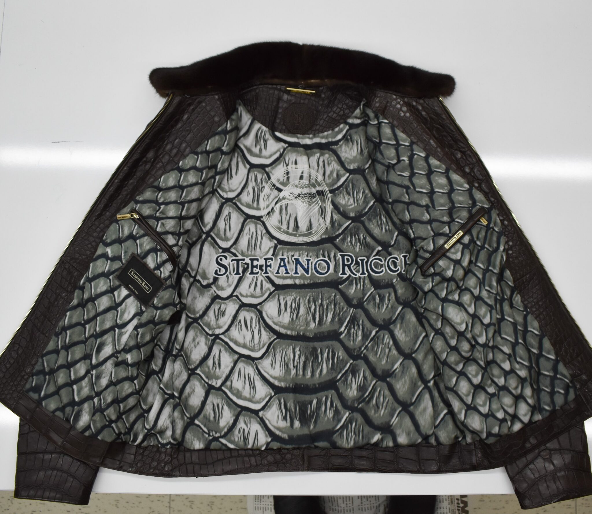 SR Brown Crocodile Leather Jacket With Mink Fur - Leather Guys