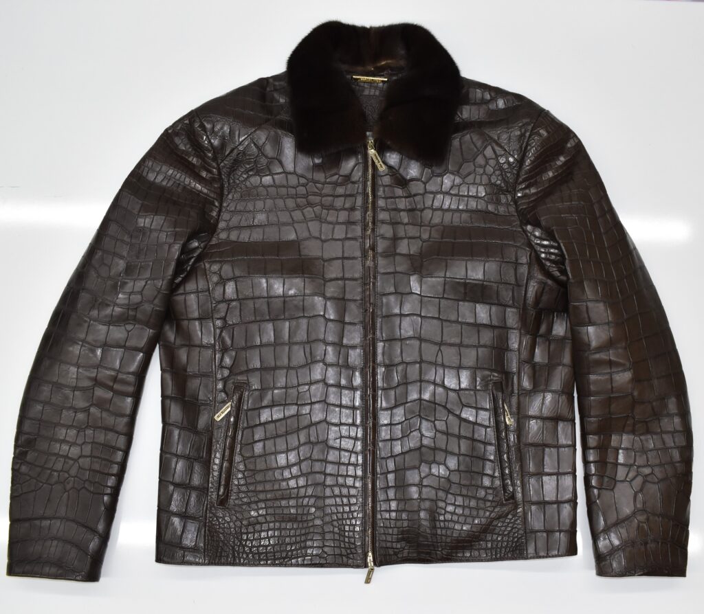 SR Brown Crocodile Leather Jacket With Mink Fur - Leather Guys