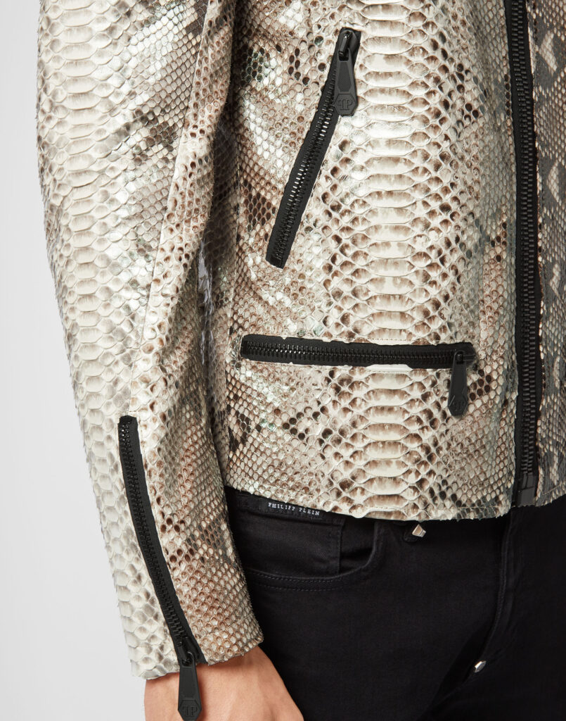 Philipp Plein Natural Beige Python Leather Moto Jacket - Leather Guys