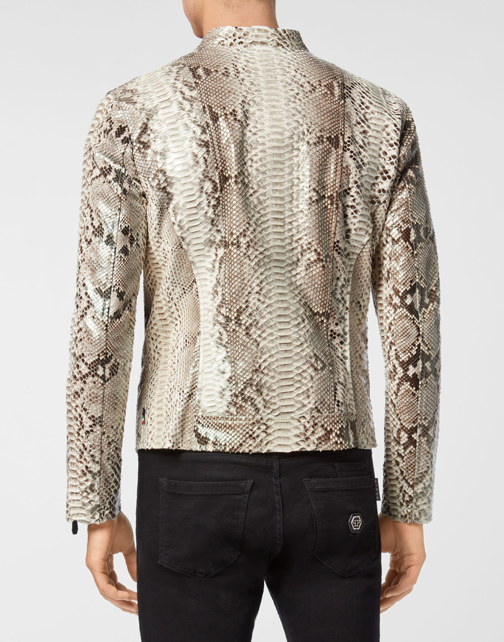 Philipp Plein Natural Beige Python Leather Moto Jacket - Leather Guys