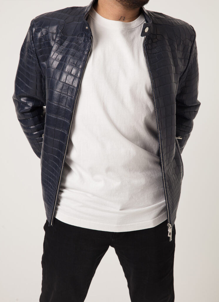 Navy Blue Real Crocodile Leather Jacket - Leather Guys
