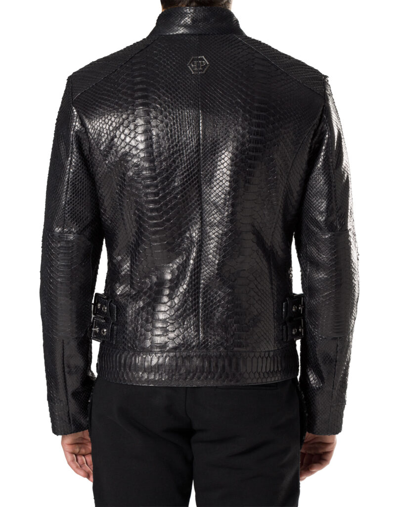 Philipp Plein Black Python Leather Biker Jacket - Leather Guys