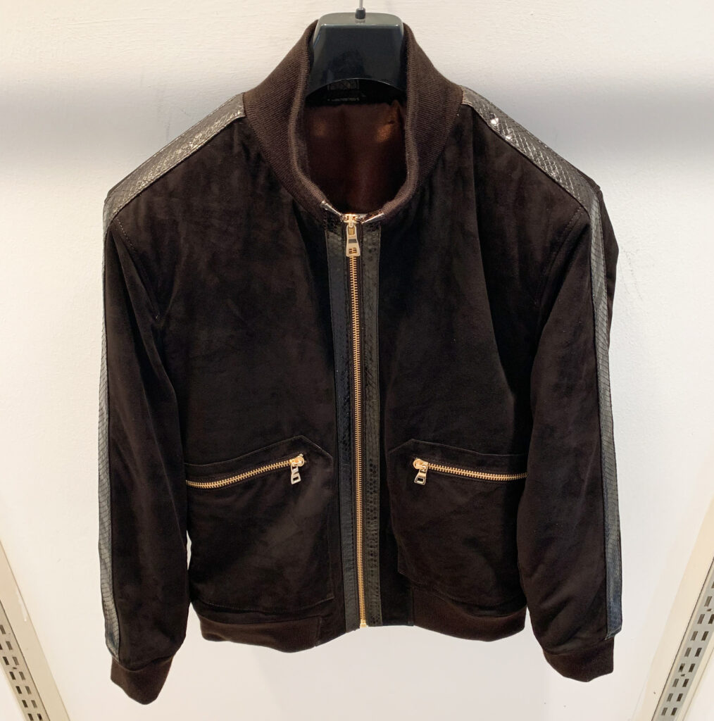 Brown Suede Python Leather Trim Bomber Jacket - Leather Guys