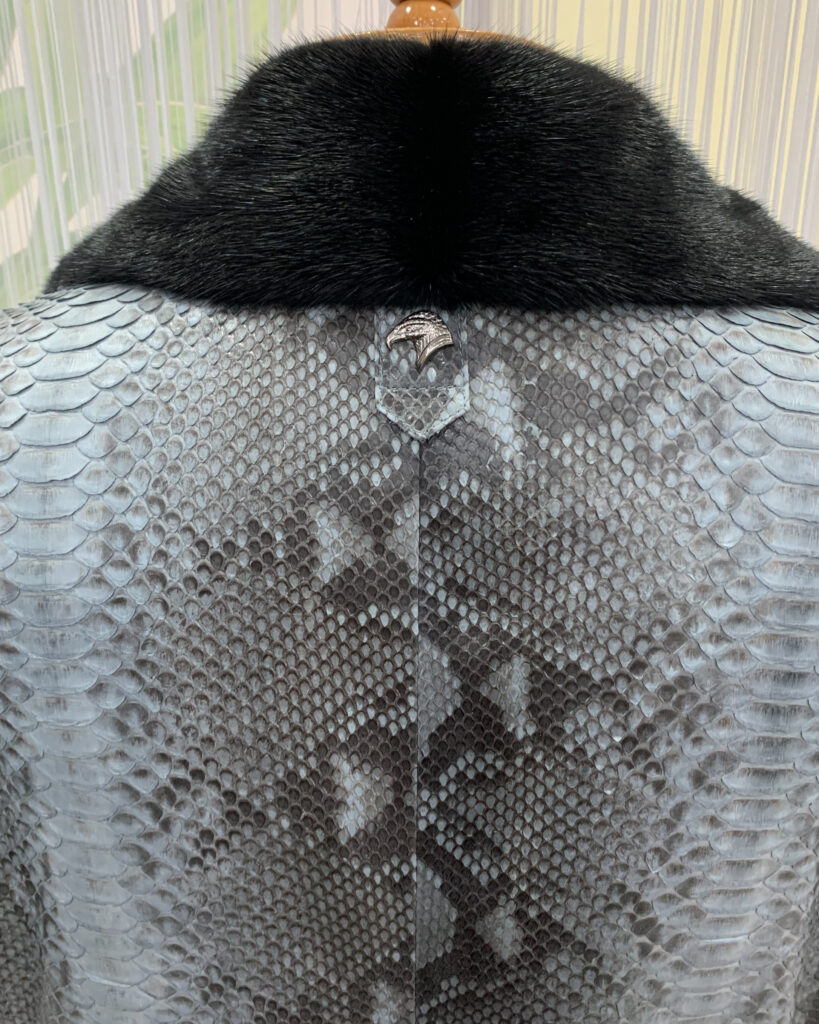 SR Python Skin Mink Fur Collar Grey Biker Jacket - Leather Guys