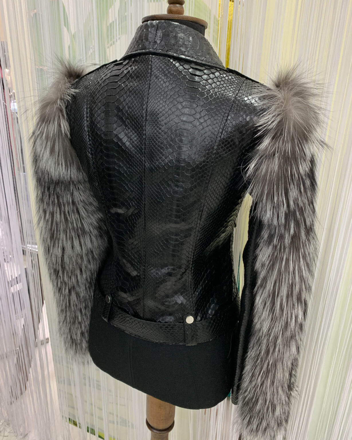 Womens Fox Fur Sleeves Python Leather Biker Jacket - Leather Guys