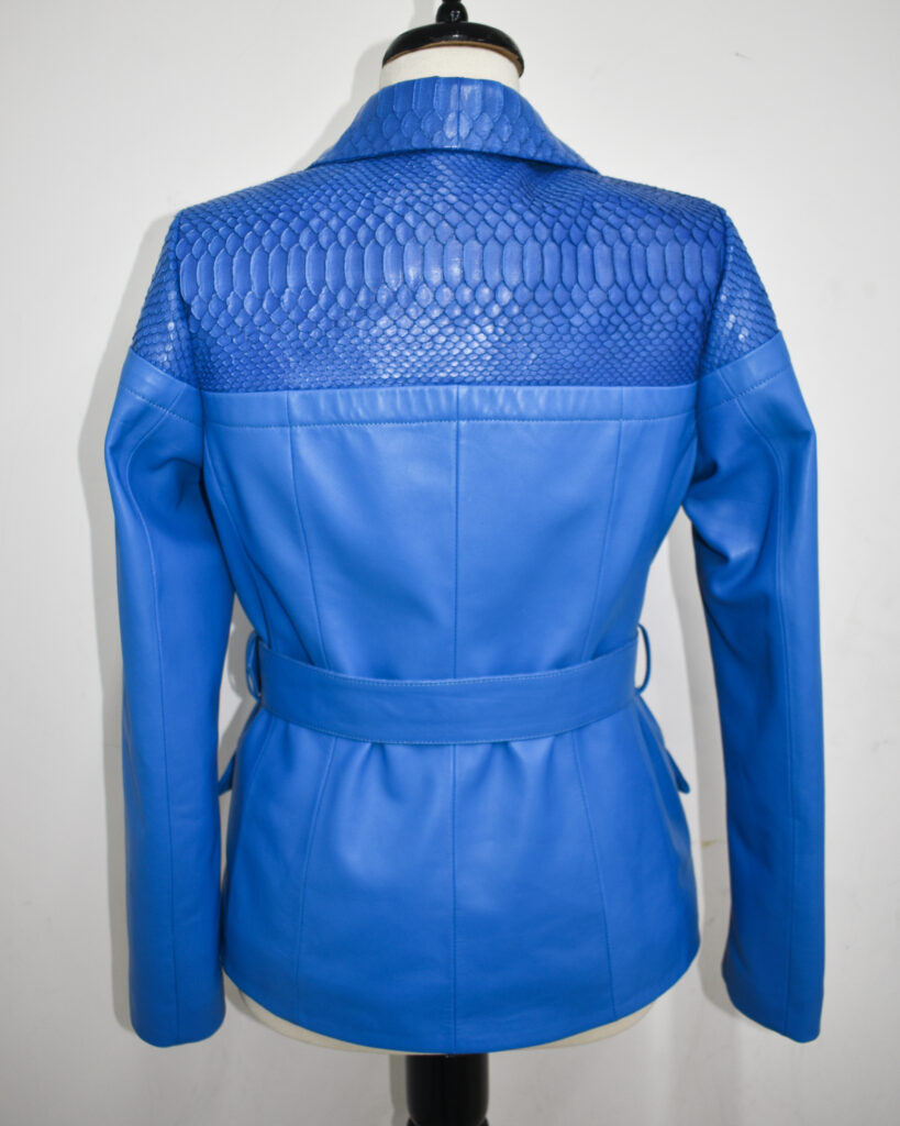Women's Python Trim Blue Leather Biker Jacket - Leather Guys