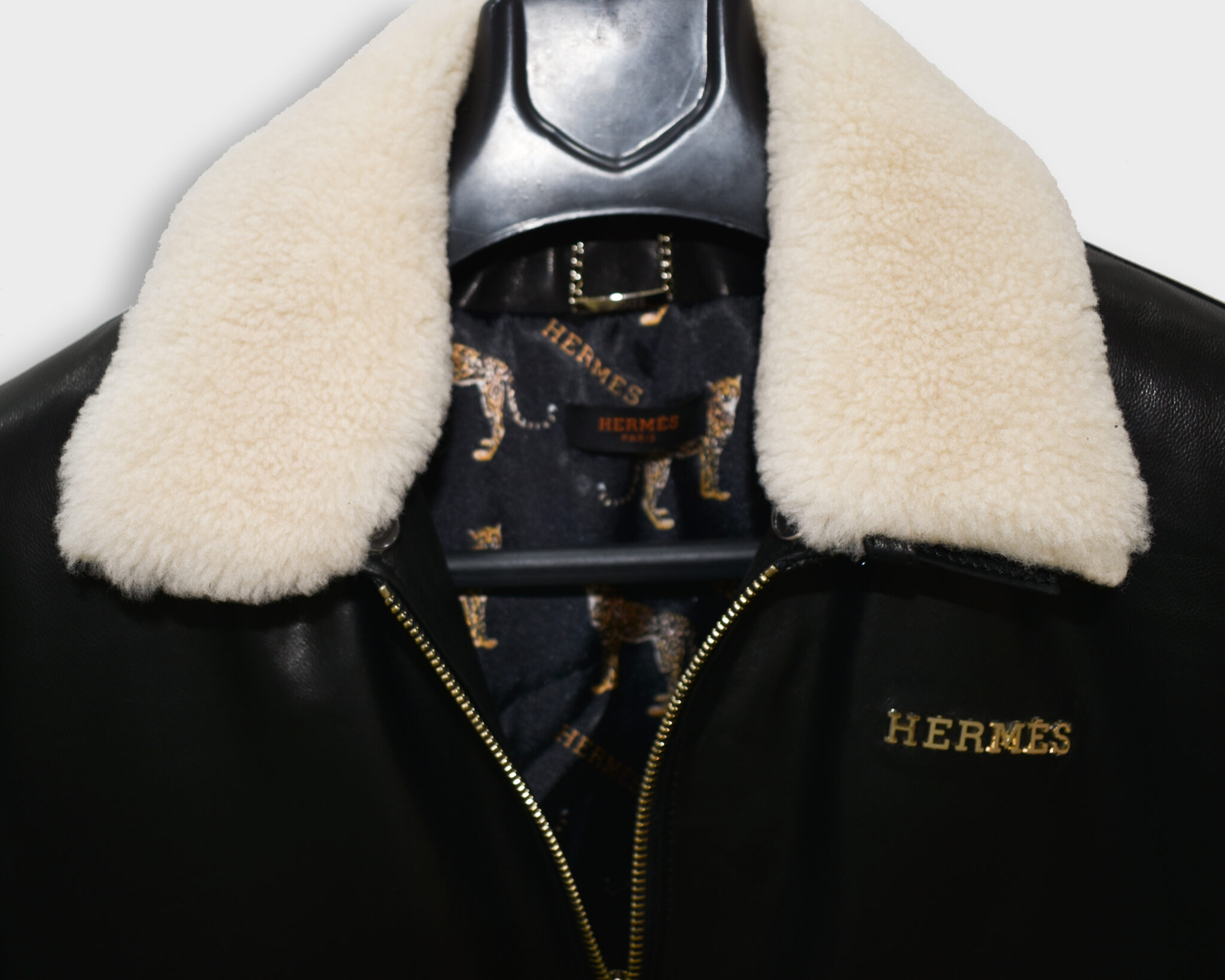 Hermes Fur Collar Replica Black Leather Jacket - Leather Guys