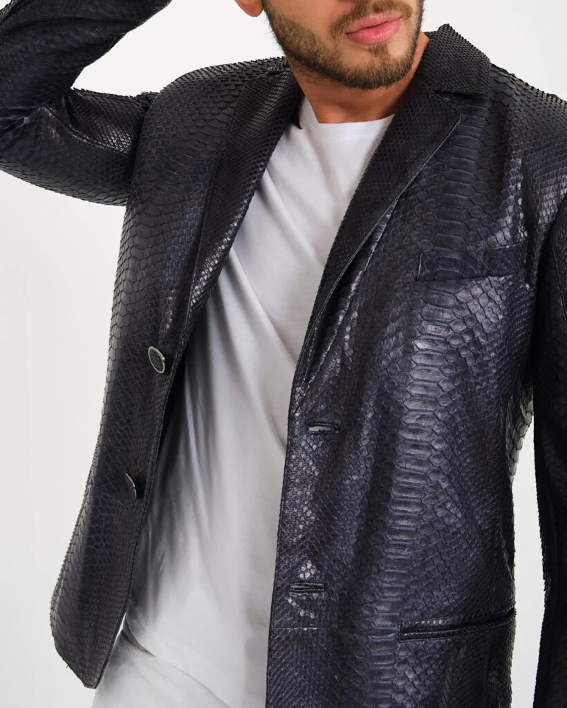 Men Navy Blue Python Skin Blazer Jacket - Leather Guys