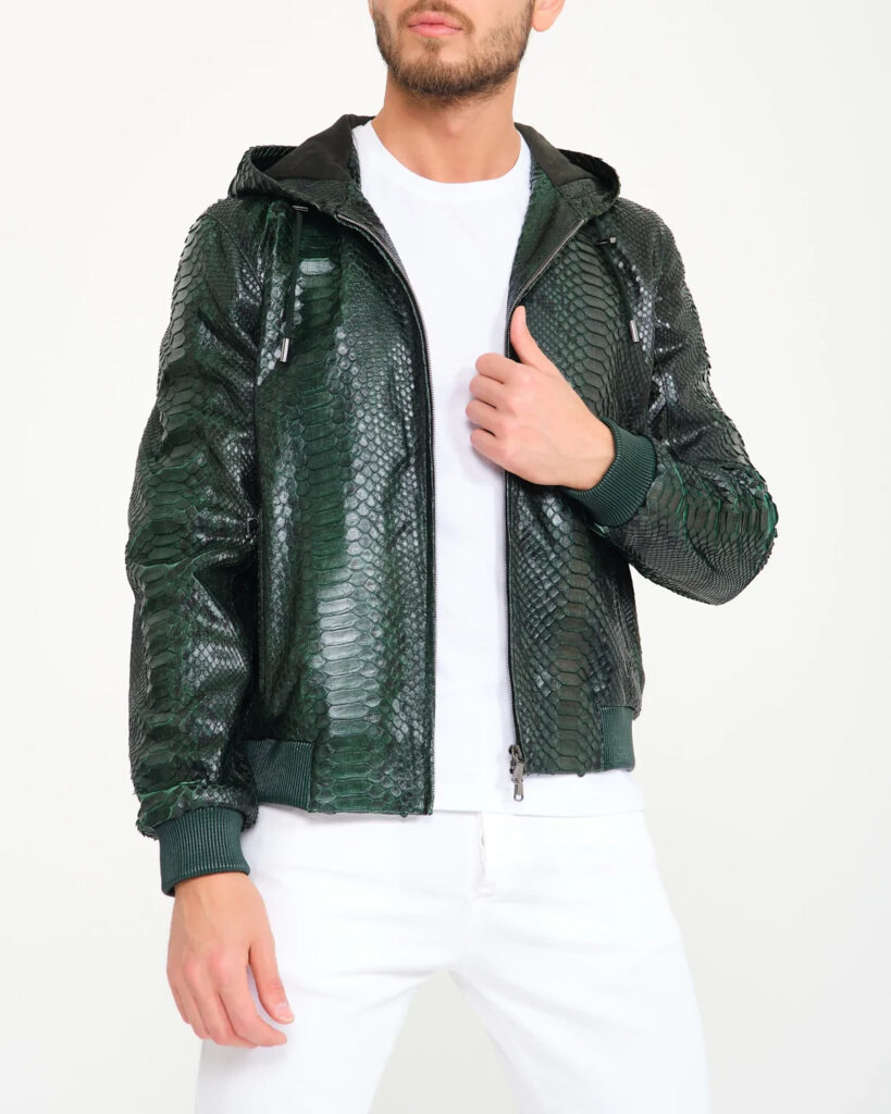 Men Green Python Leather Hoodie Jacket - Leather Guys