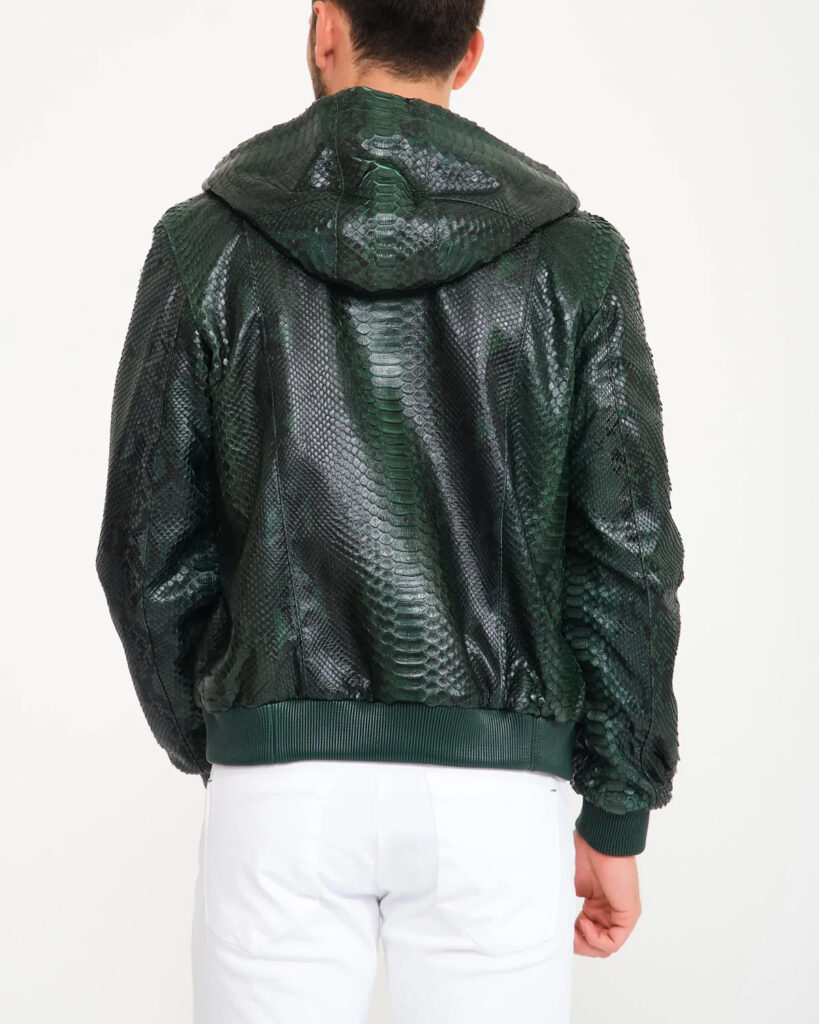 Men Green Python Leather Hoodie Jacket - Leather Guys