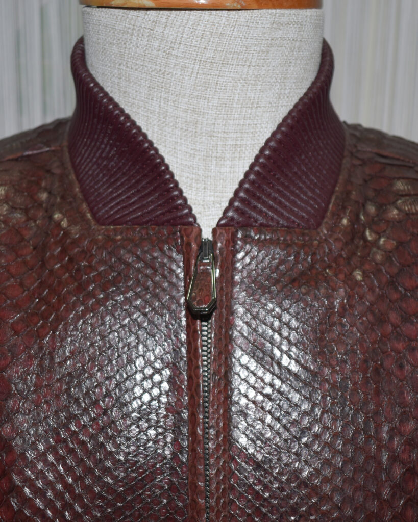Men Burgundy Python Leather Bomber Jacket - Leather Guys