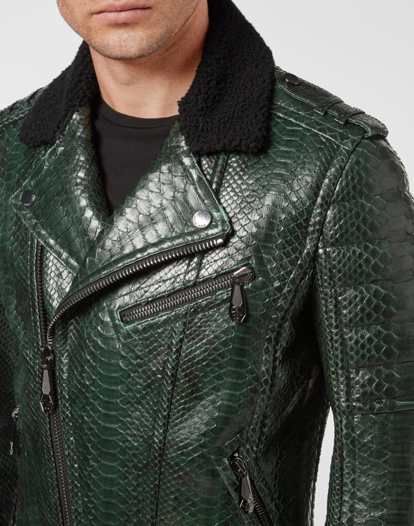 Philipp Plein Green Python Leather Biker Jacket - Leather Guys