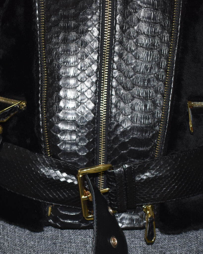 Women Python Leather Fox Fur Collar Sheep Fur Jacket - Leather Guys