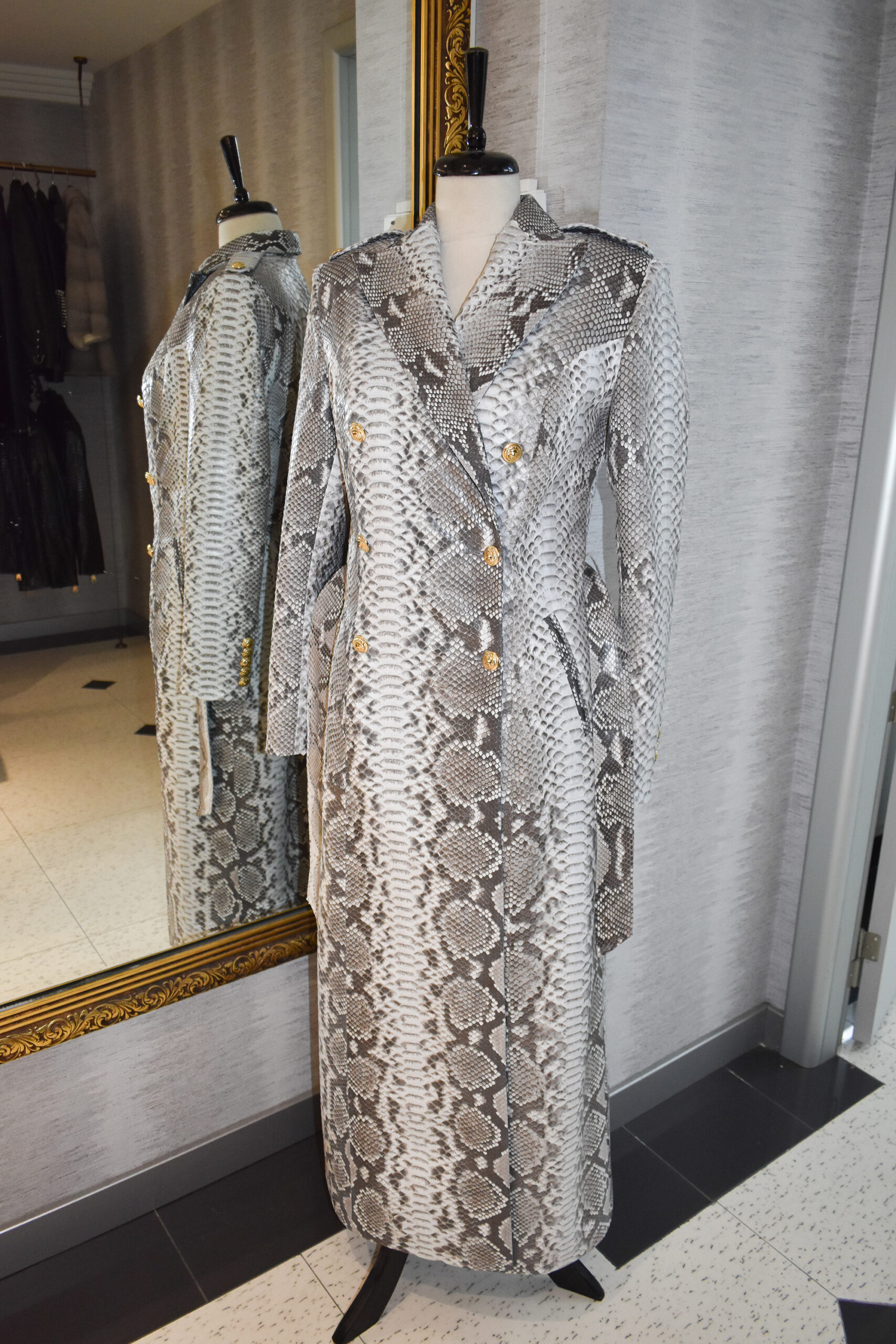 White Python Leather Long Coat - Leather Guys