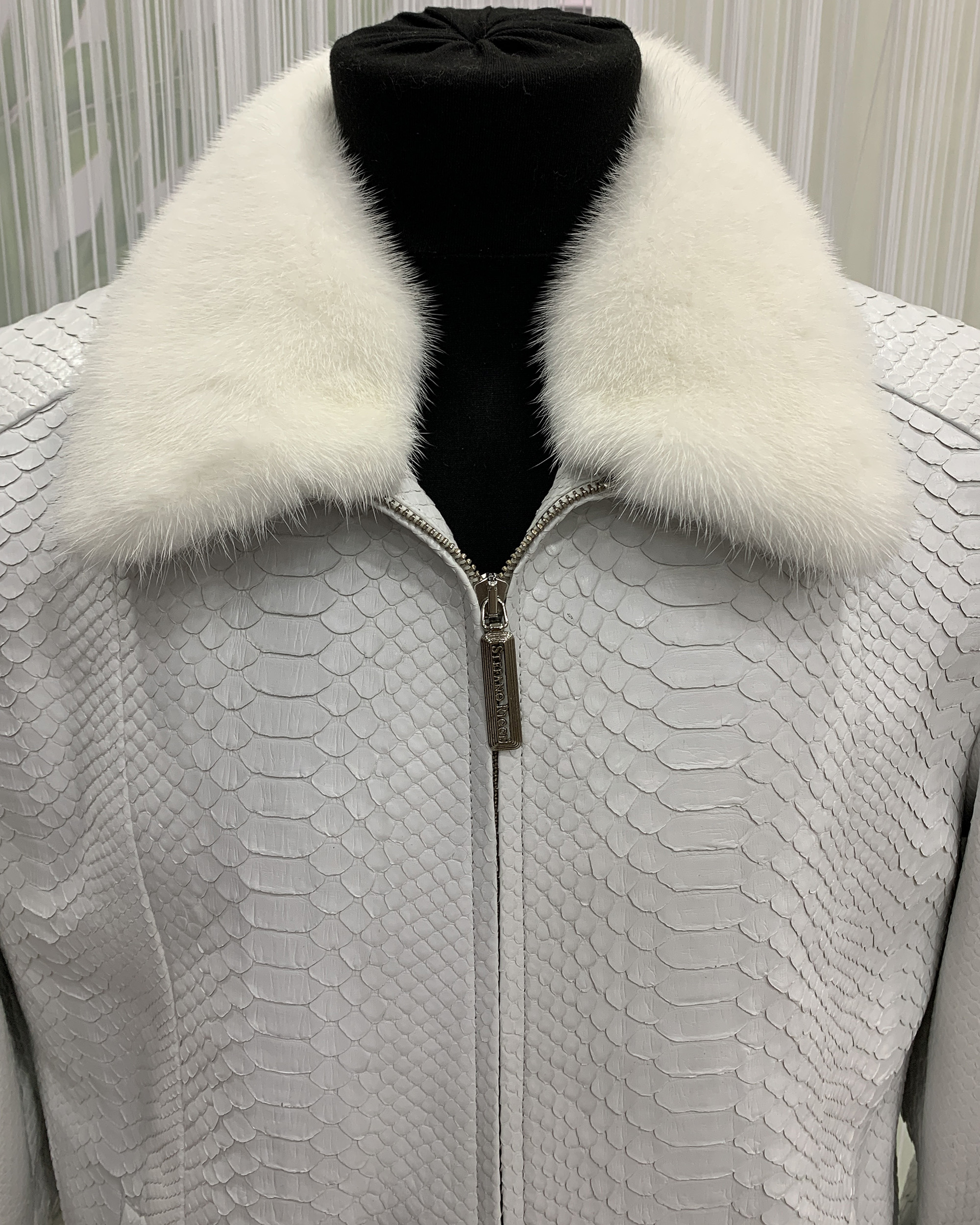 SR Mink Fur Collar White Python Leather Jacket - Leather Guys