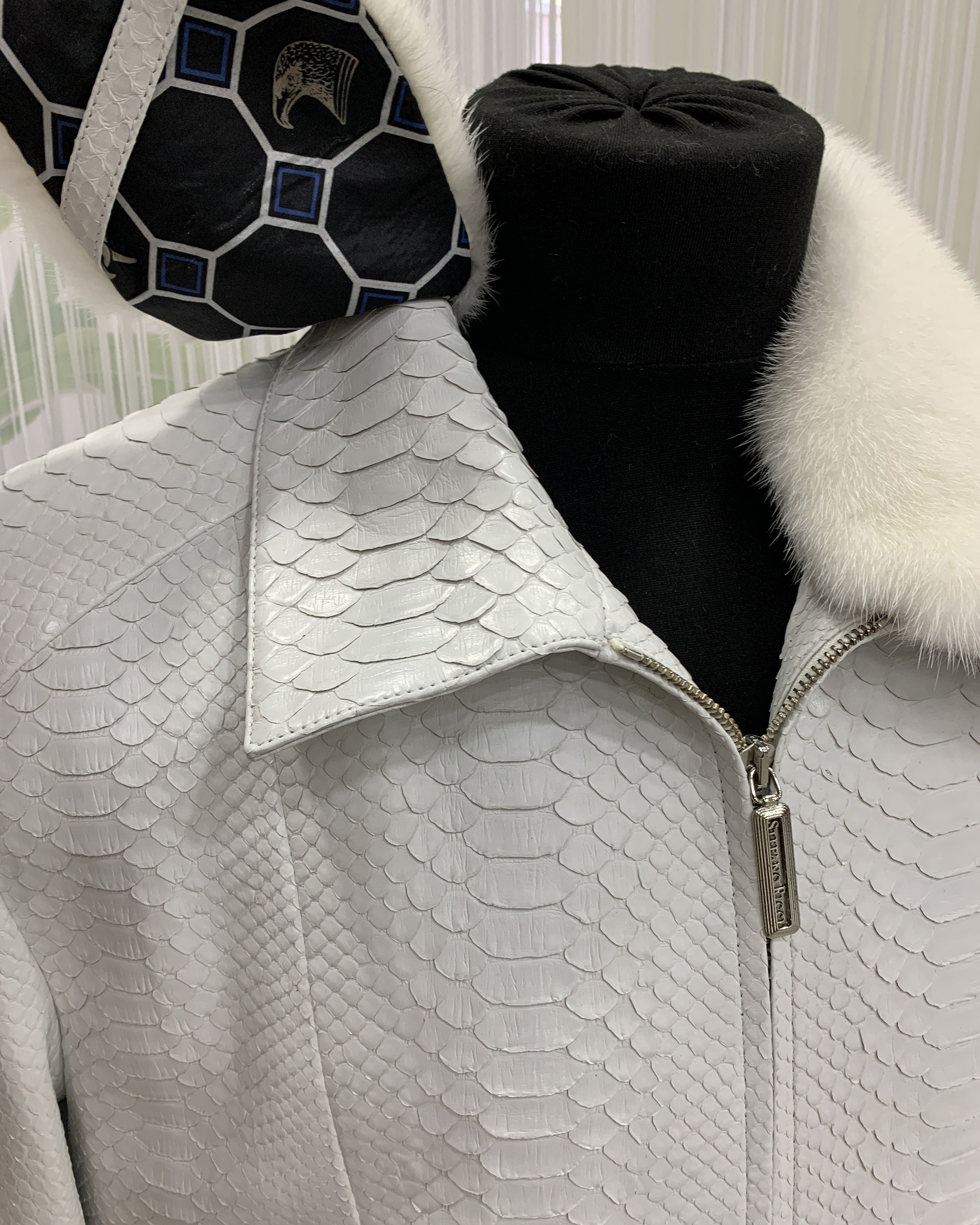 SR Mink Fur Collar White Python Leather Jacket - Leather Guys