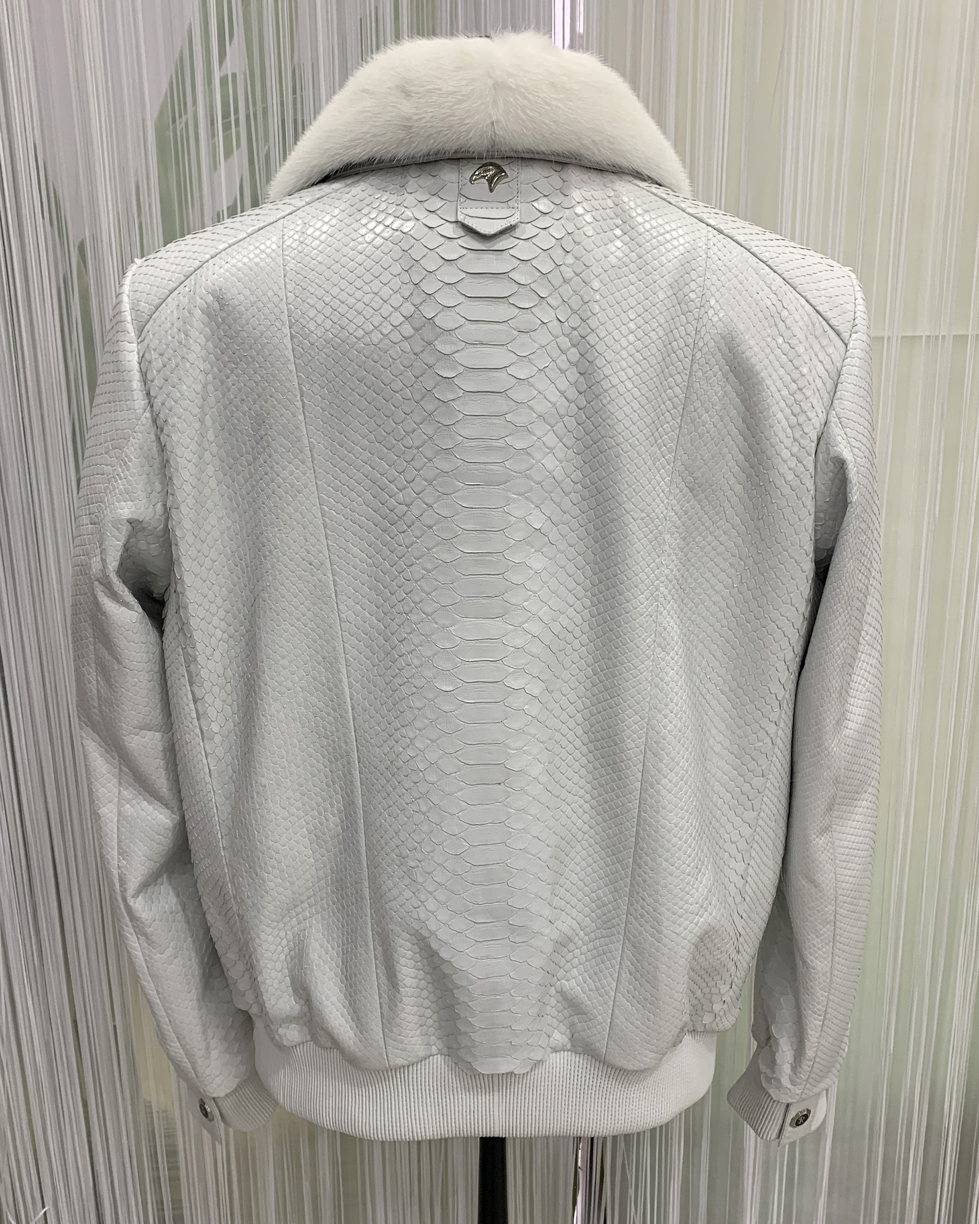 SR Mink Fur Collar White Python Leather Jacket - Leather Guys