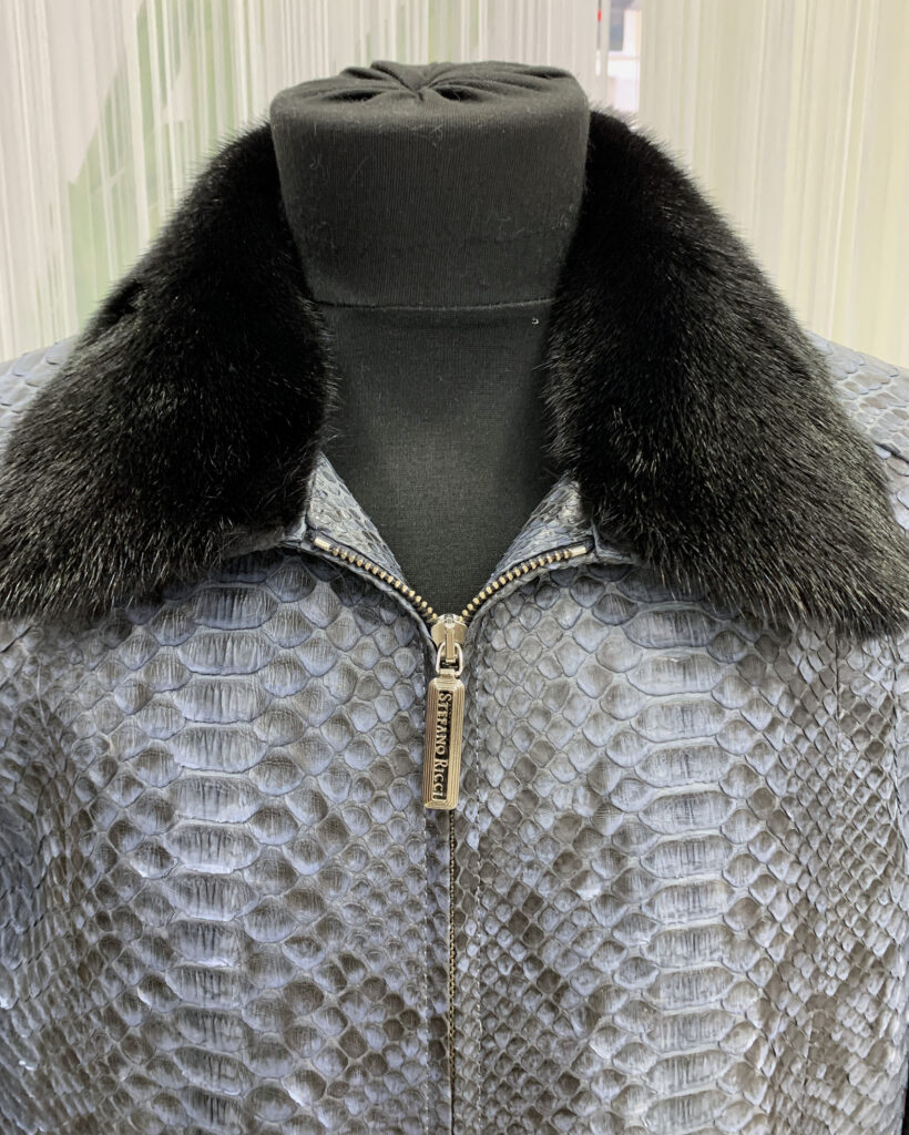 SR Mink Fur Collar Blue Python Leather Jacket - Leather Guys
