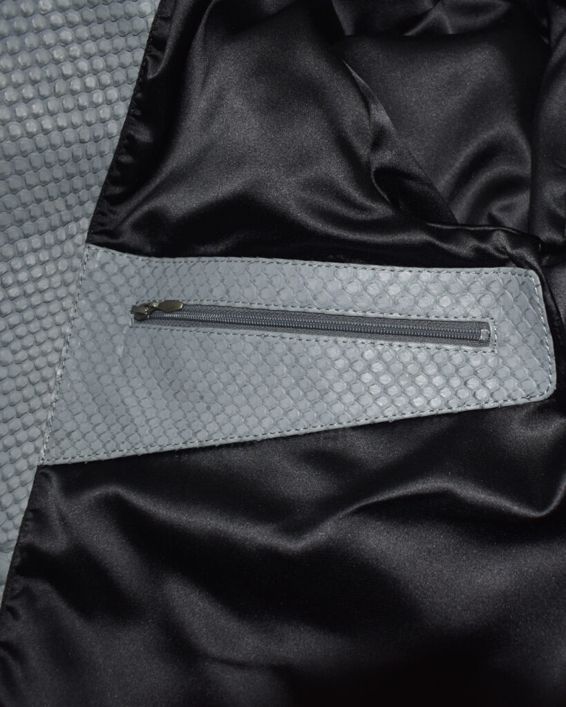 Grey Python Leather Biker Jacket With Fur Collar - Leather Guys