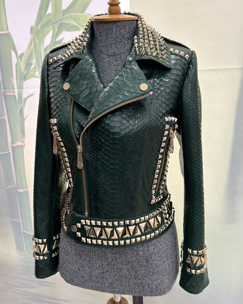 Philipp Plein Womens Green Python Leather Biker Jacket - Leather Guys