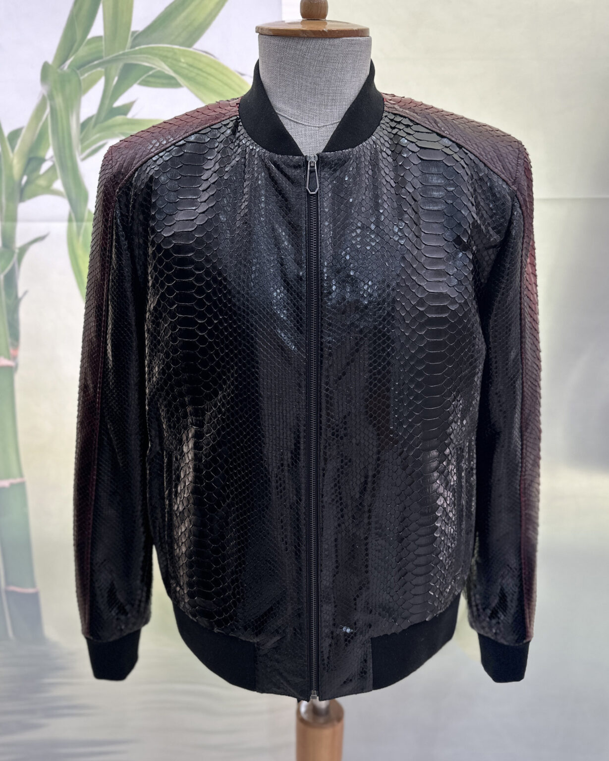 Black Red Python Leather Bomber Jacket - Leather Guys