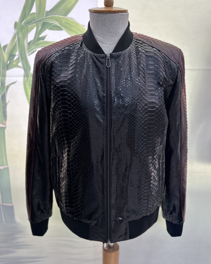 Black Red Python Leather Bomber Jacket - Leather Guys