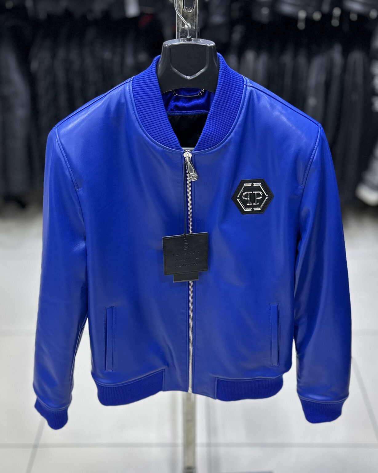 Philipp Plein Blue Leather Bomber Jacket - Leather Guys